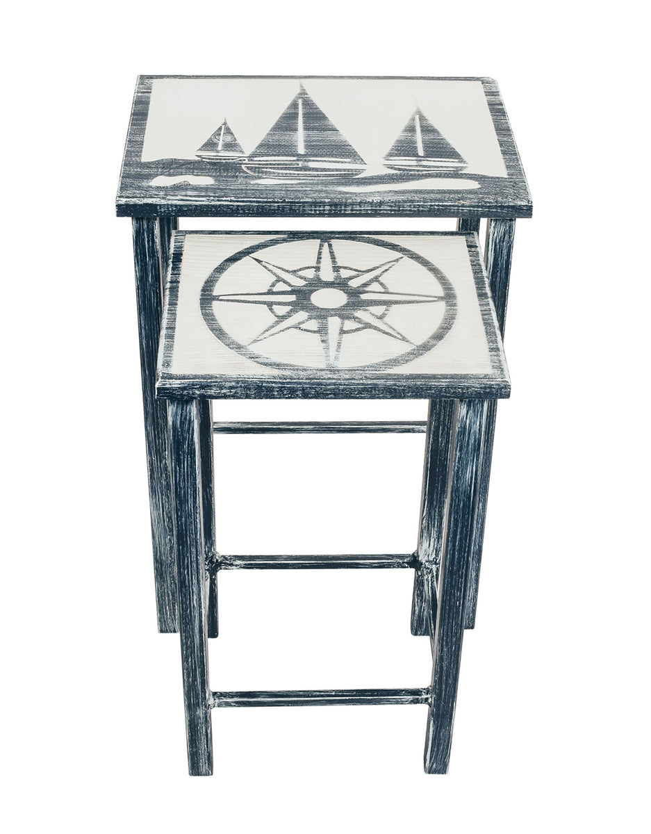 Navy/Cottage Nesting Iron/Wood Drink Tables with Sailboat and Nautical ...