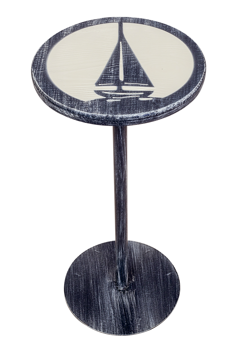 Weathered Navy/Cottage Round Wooden Top Drink Table with Etched Sailbo ...